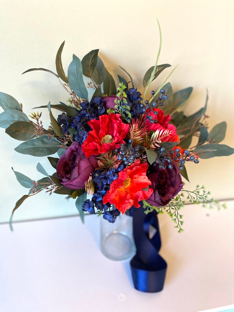 Navy Red Bouquet Boho Wedding Bouquet Silk Flower Bouquet - Etsy