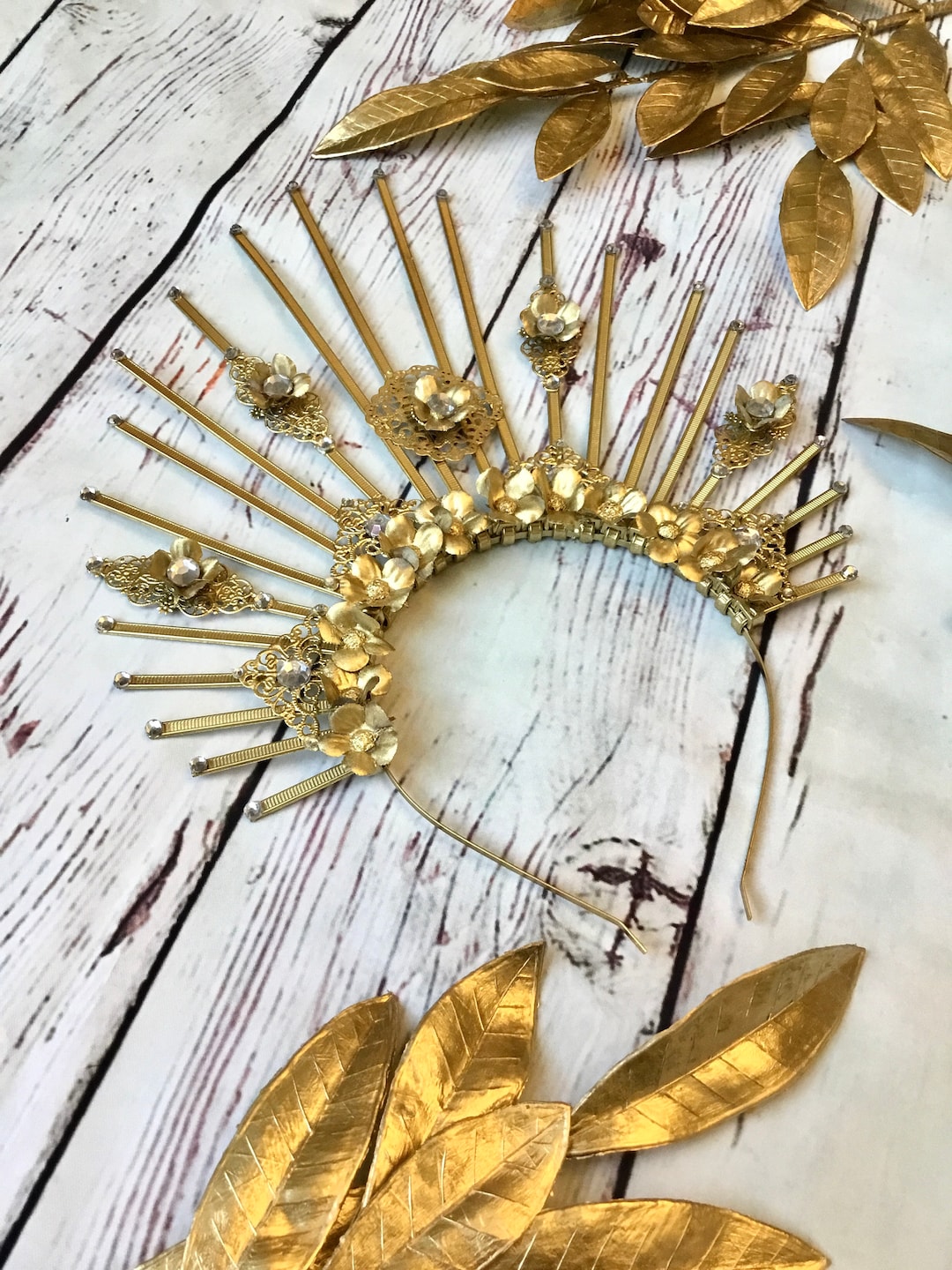 Gold Sunburst Crown - Sun Goddess Headpiece - Spiked Crown - Crystal ...