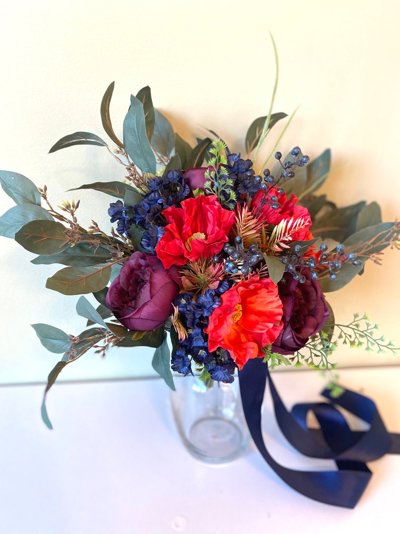 Navy Red Bouquet Boho Wedding Bouquet Silk Flower Bouquet - Etsy