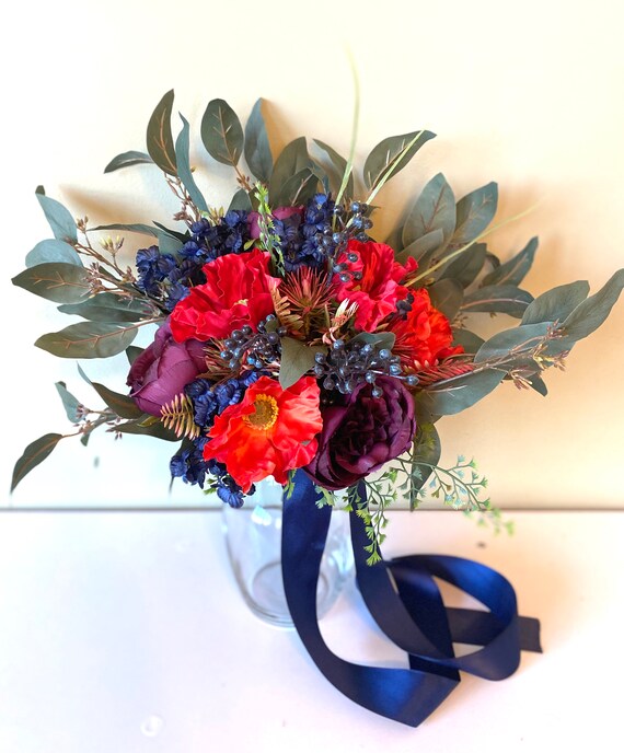 Navy Red Bouquet Boho Wedding Bouquet Silk Flower Bouquet - Etsy