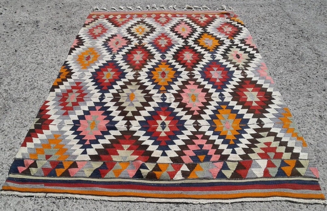 6x9 Diamond Design Turkish Kilim Rug, Area Large Kilim Rug, Vintage ...