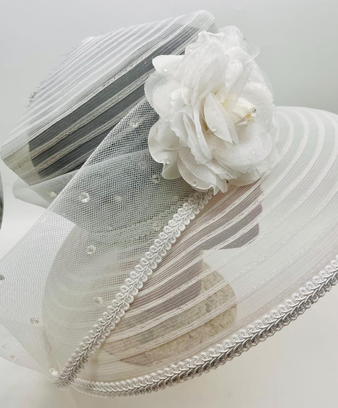White Wide Brim Church Hat: Crinoline Rhinestones Flower - Etsy