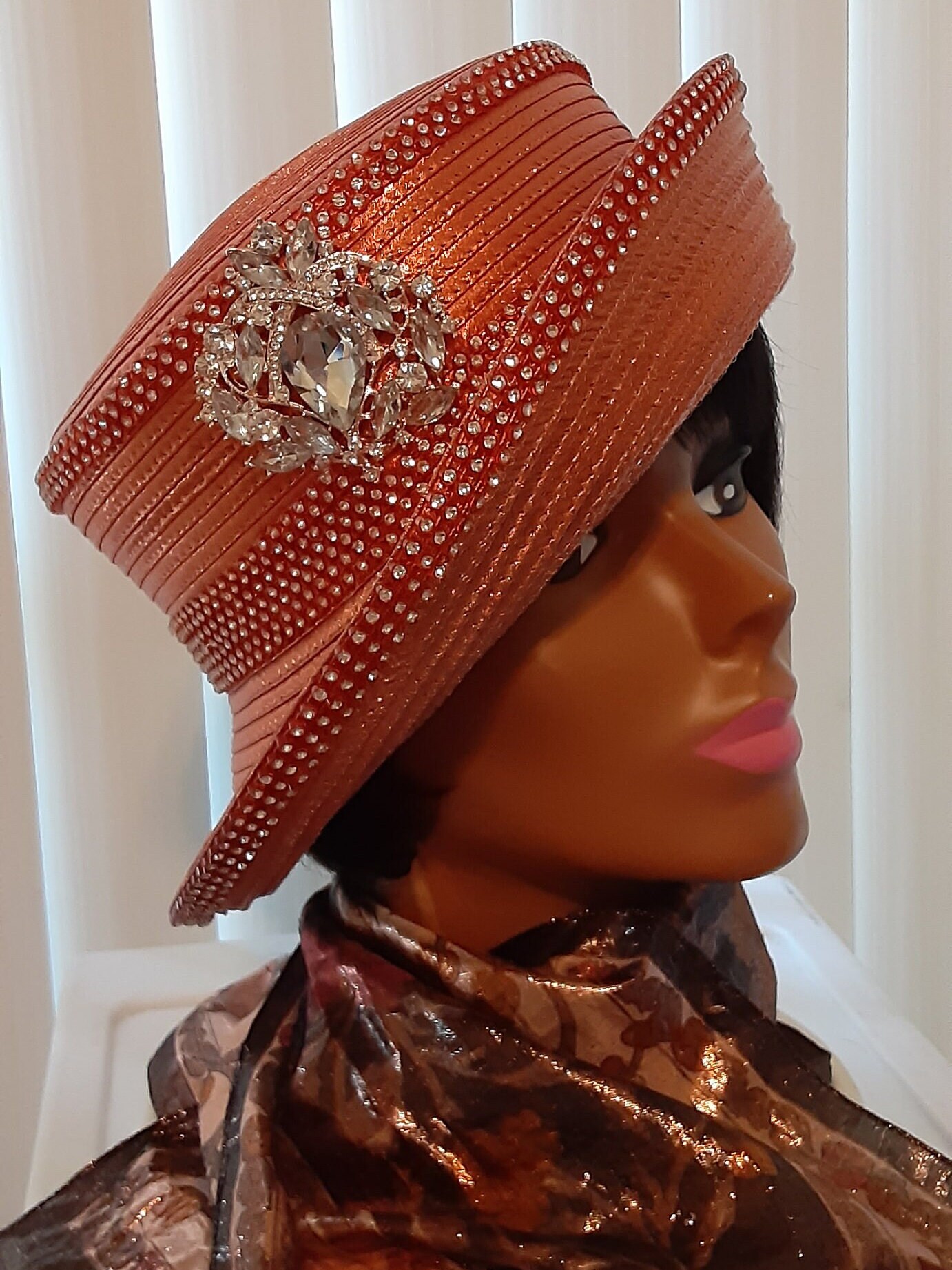 Orange Metallic Church Hat: Rhinestone Rose Gold Brooch - Etsy