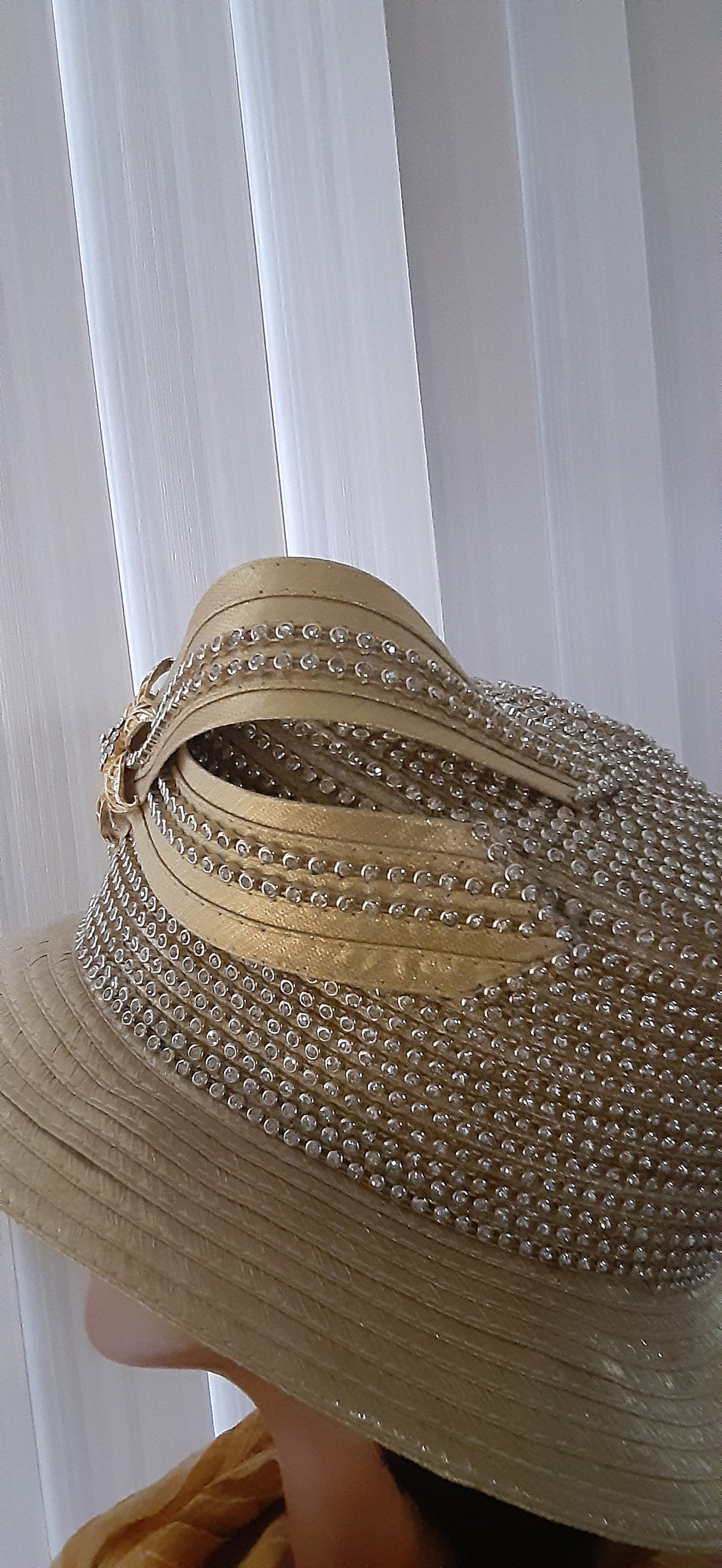 Gold Church Hat Metallic Rhinestone Year Round Gold Brooch Moms Day ...