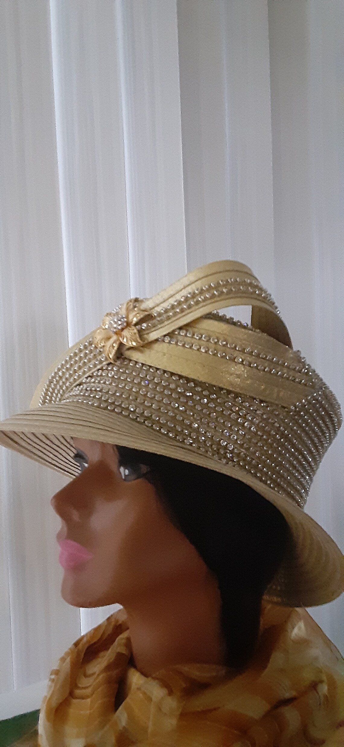 Gold Church Hat Metallic Rhinestone Year Round Gold Brooch Moms Day ...