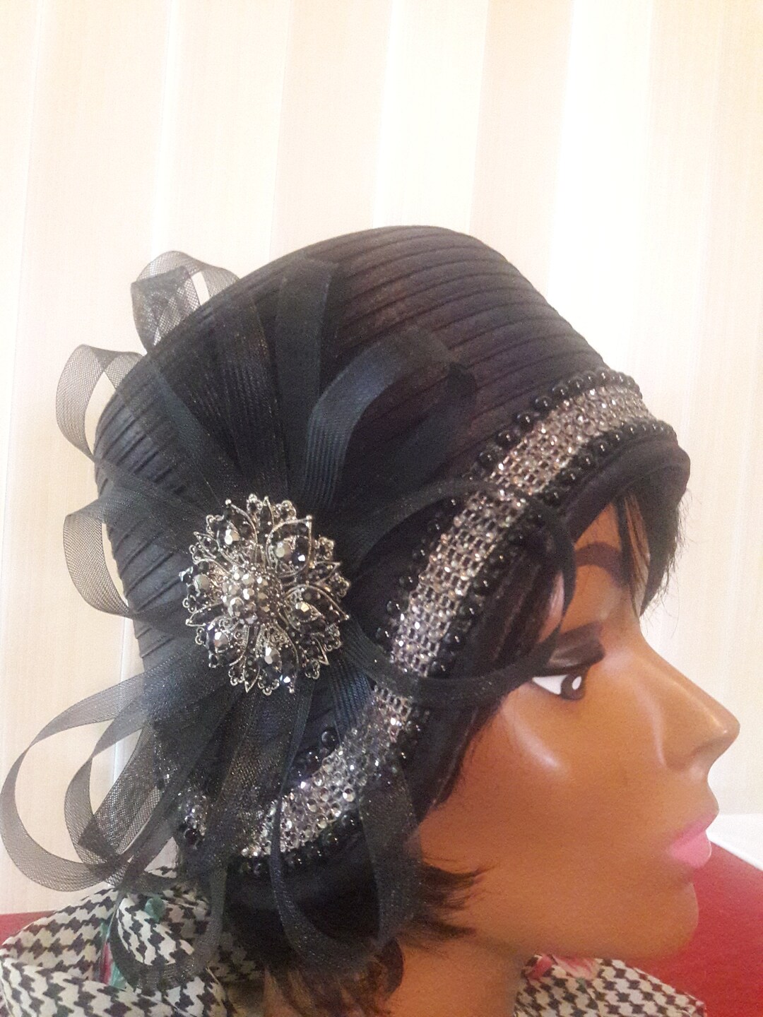 Black Church Hat Year Round Metallic Trim Silver Brooch Birthday Mother ...
