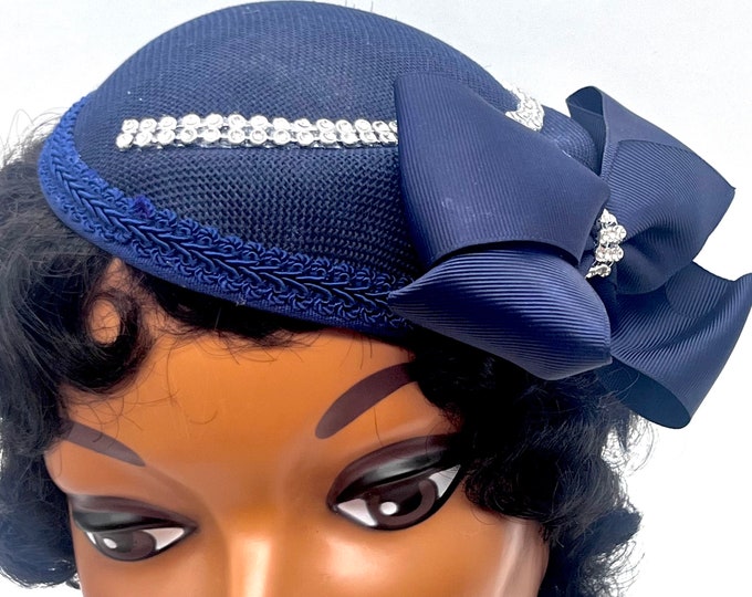 Navy Blue Church Hat: Rhinestone Bow, Wedding Guest Headpiece - Etsy