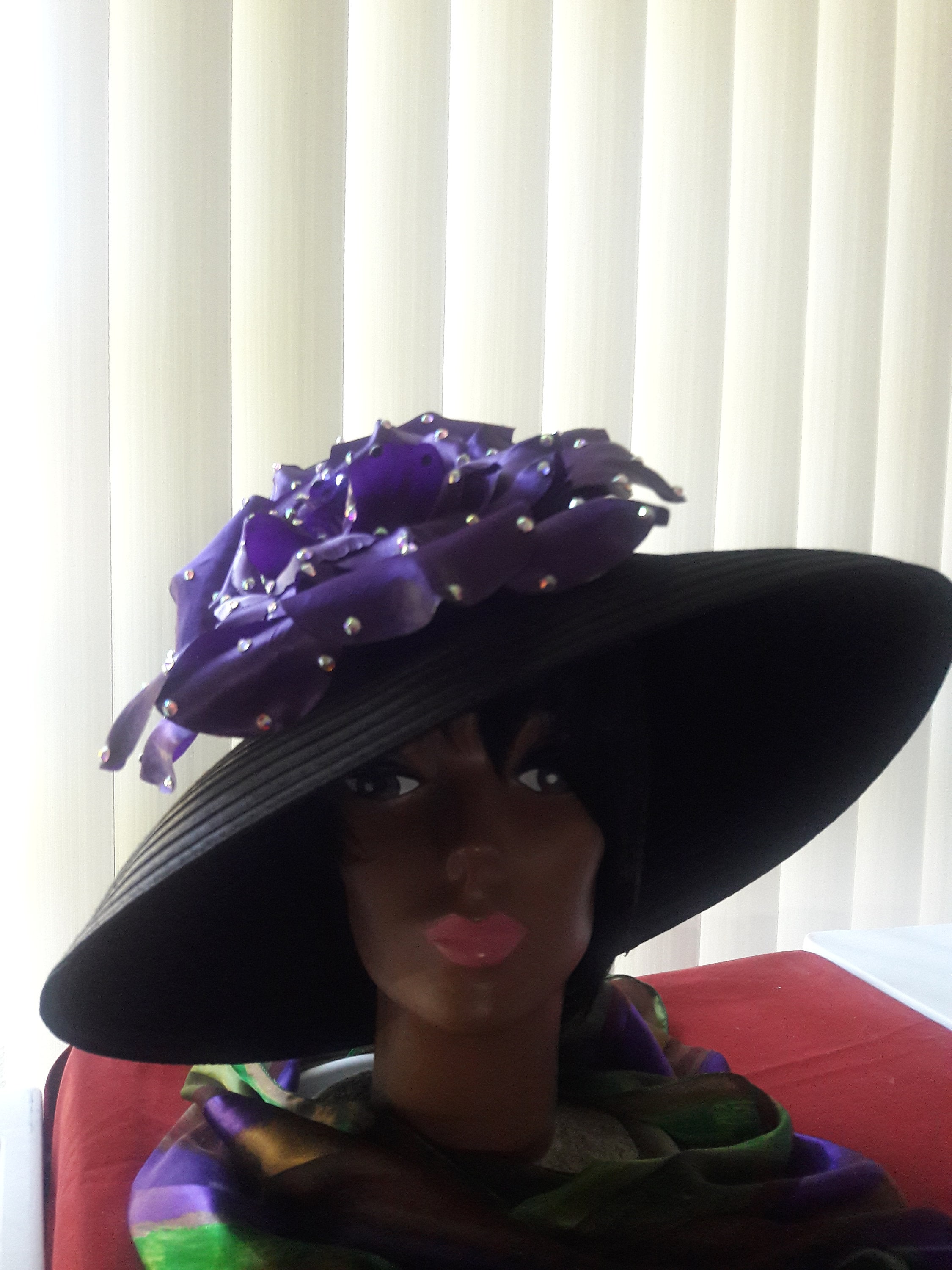 Black Wide Brim Church Hat Year Round Rhinestones Flower Birthday Mom ...