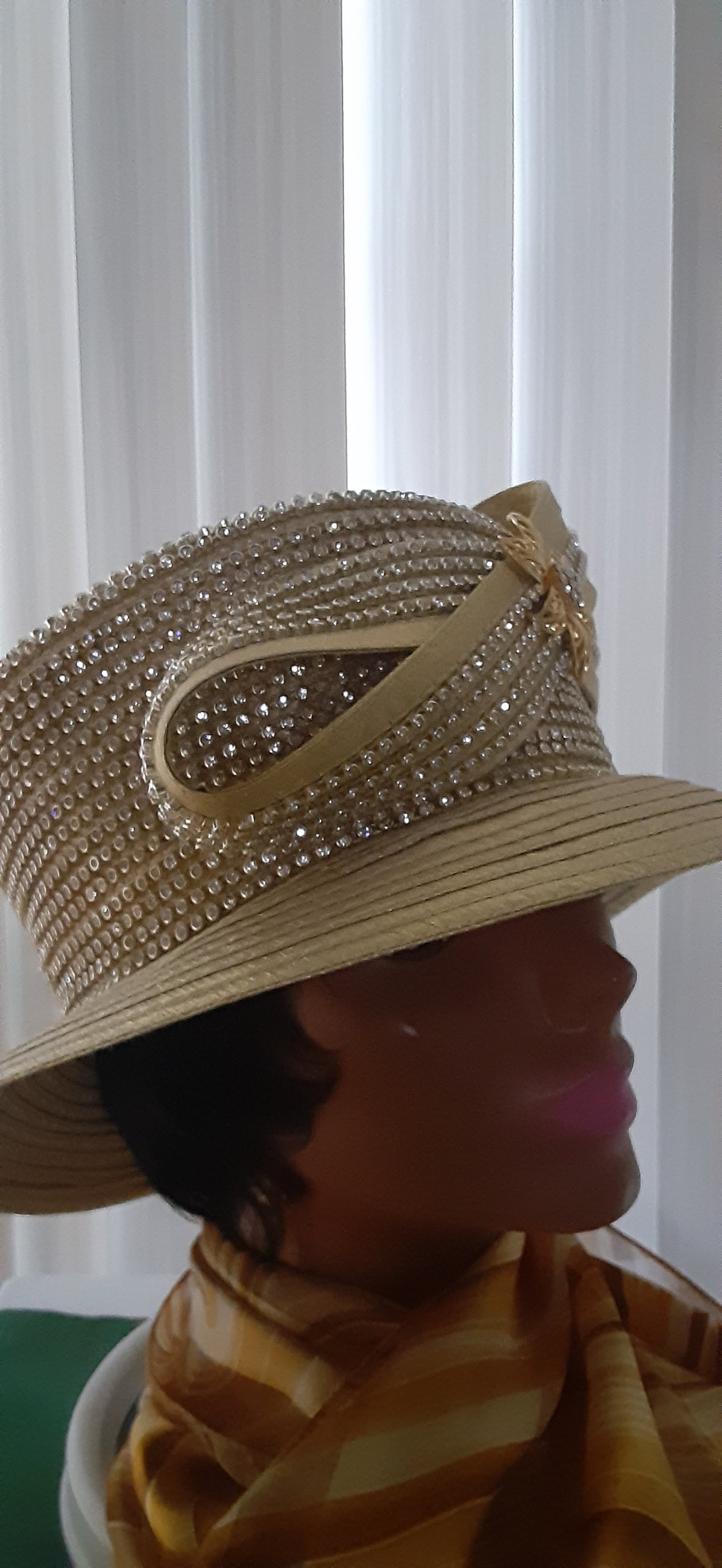 Gold Church Hat Metallic Rhinestone Year Round Gold Brooch Moms Day ...