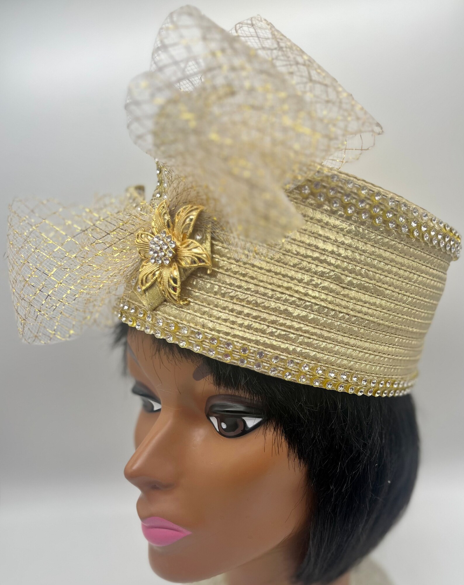 Gold Church Hat Metallic Rhinestone Pillbox Crinoline Brooch Birthday ...