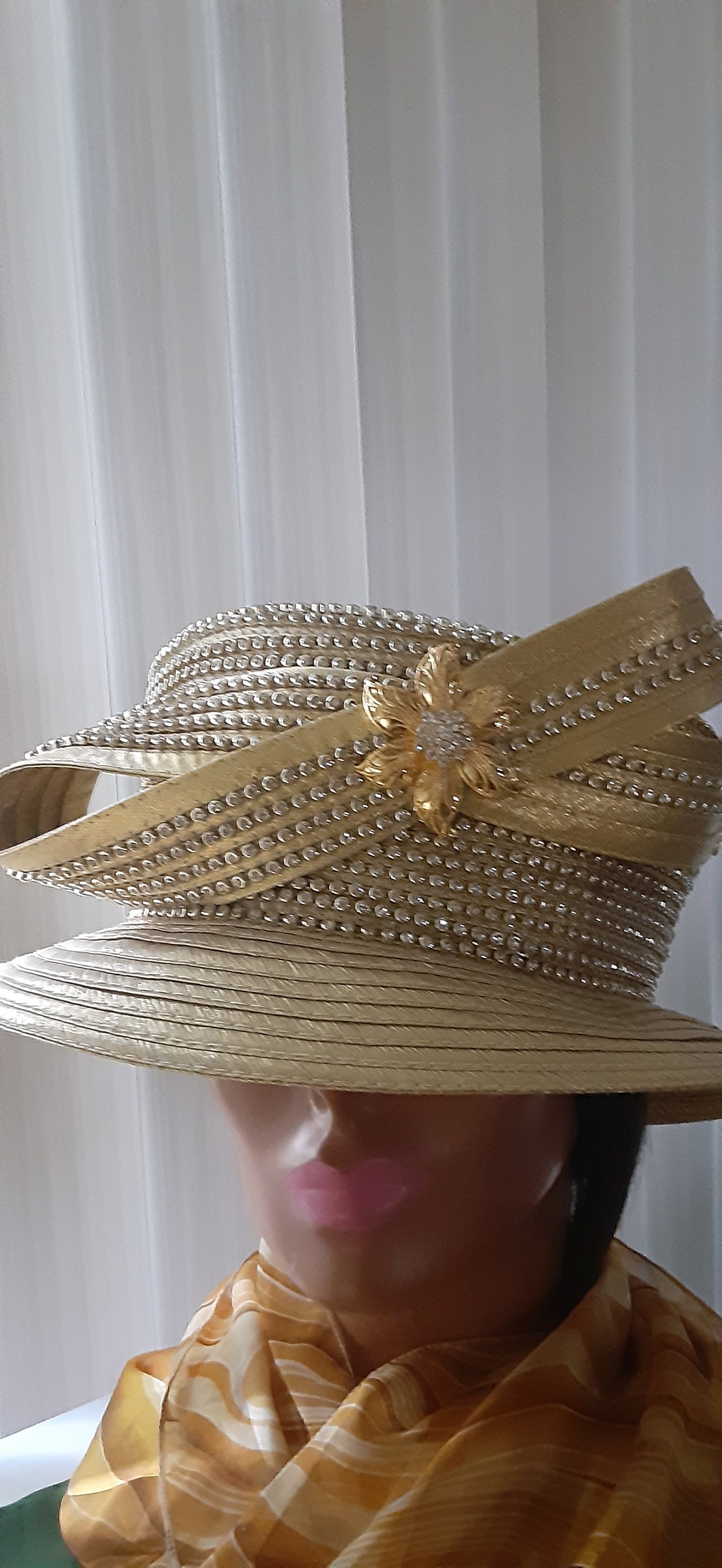 Gold Church Hat Metallic Rhinestone Year Round Gold Brooch Moms Day ...