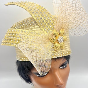 Gold Church Hat Metallic Rhinestone Pillbox Crinoline Brooch Birthday ...