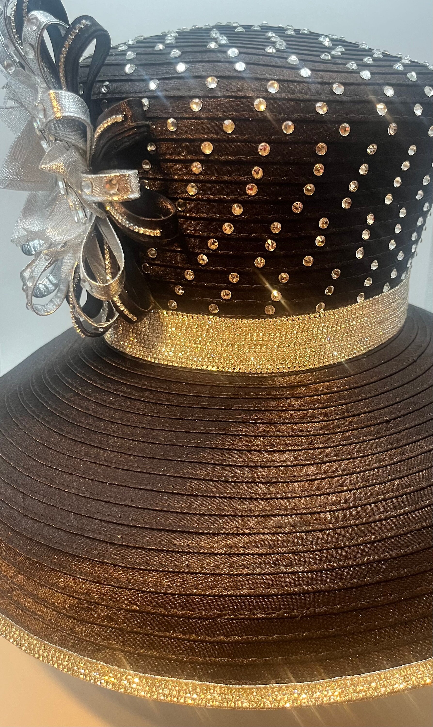 Brown Church Derby Hat: Rhinestone Trim, Silver Bow Brooch - Etsy