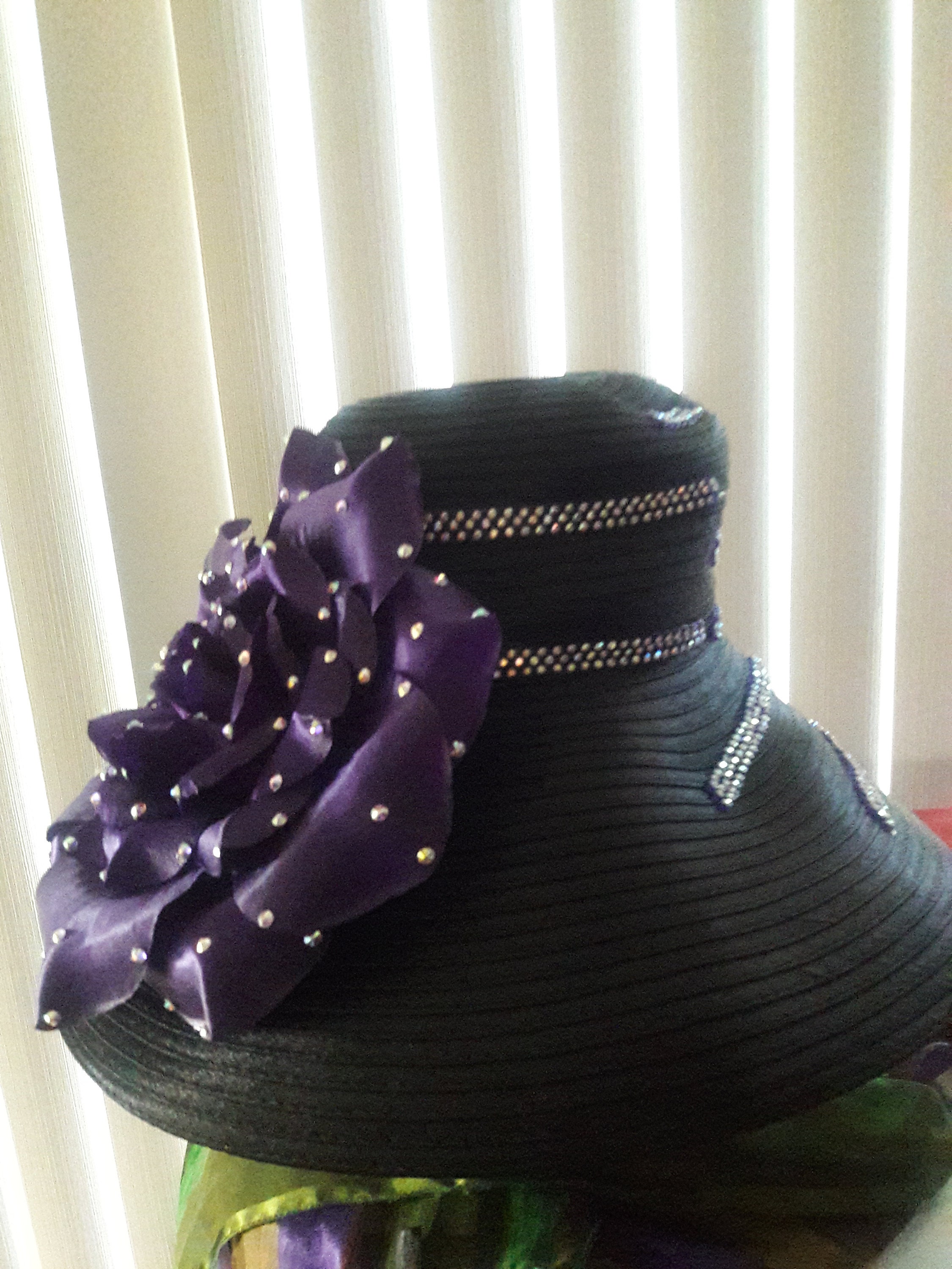 Black Wide Brim Church Hat Year Round Rhinestones Flower Birthday Mom ...