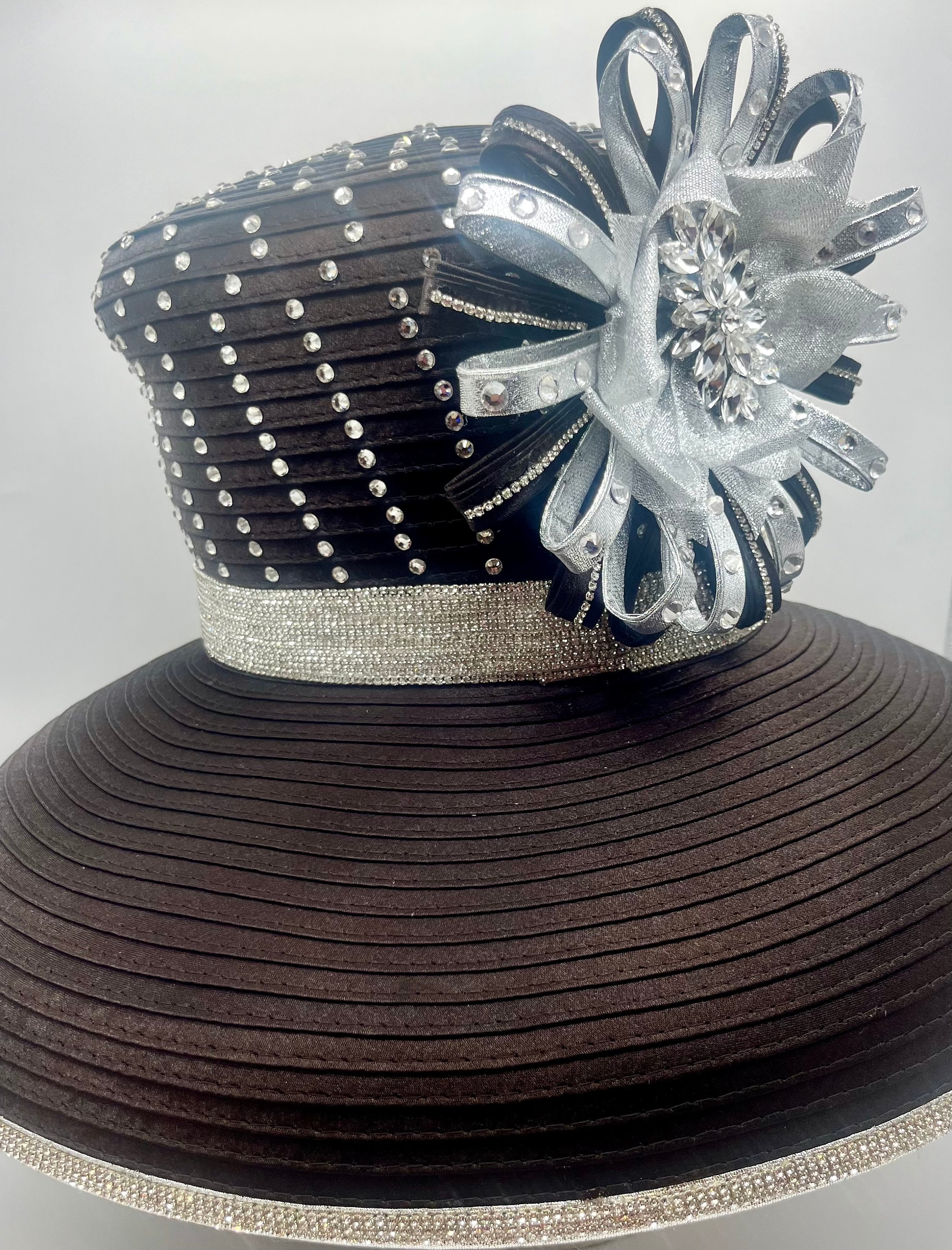 Brown Church Derby Hat: Rhinestone Trim, Silver Bow Brooch - Etsy