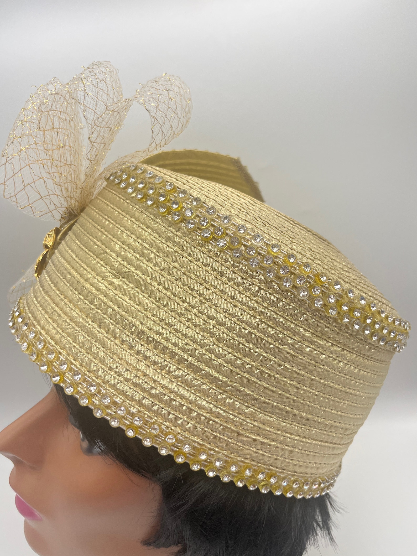 Gold Church Hat Metallic Rhinestone Pillbox Crinoline Brooch Birthday ...