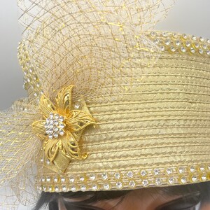 Gold Church Hat Metallic Rhinestone Pillbox Crinoline Brooch Birthday ...