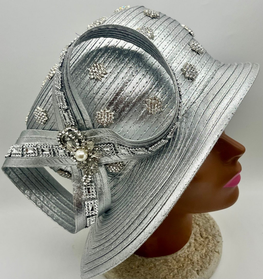 Silver Church Hat: Metallic Rhinestone Brooch, Bow Accent - Etsy