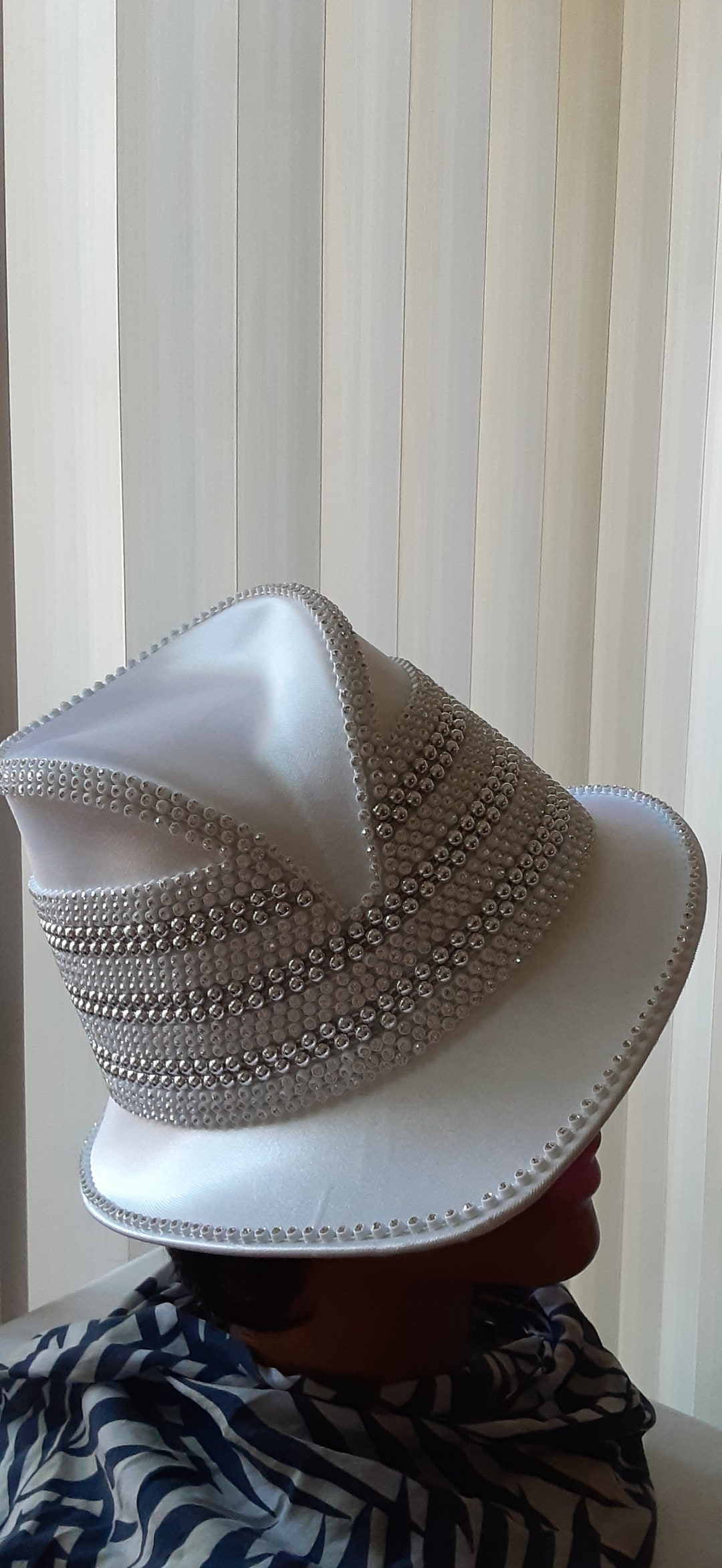 White Satin Fedora Hat: Rhinestone & Silver Bead Trim - Etsy