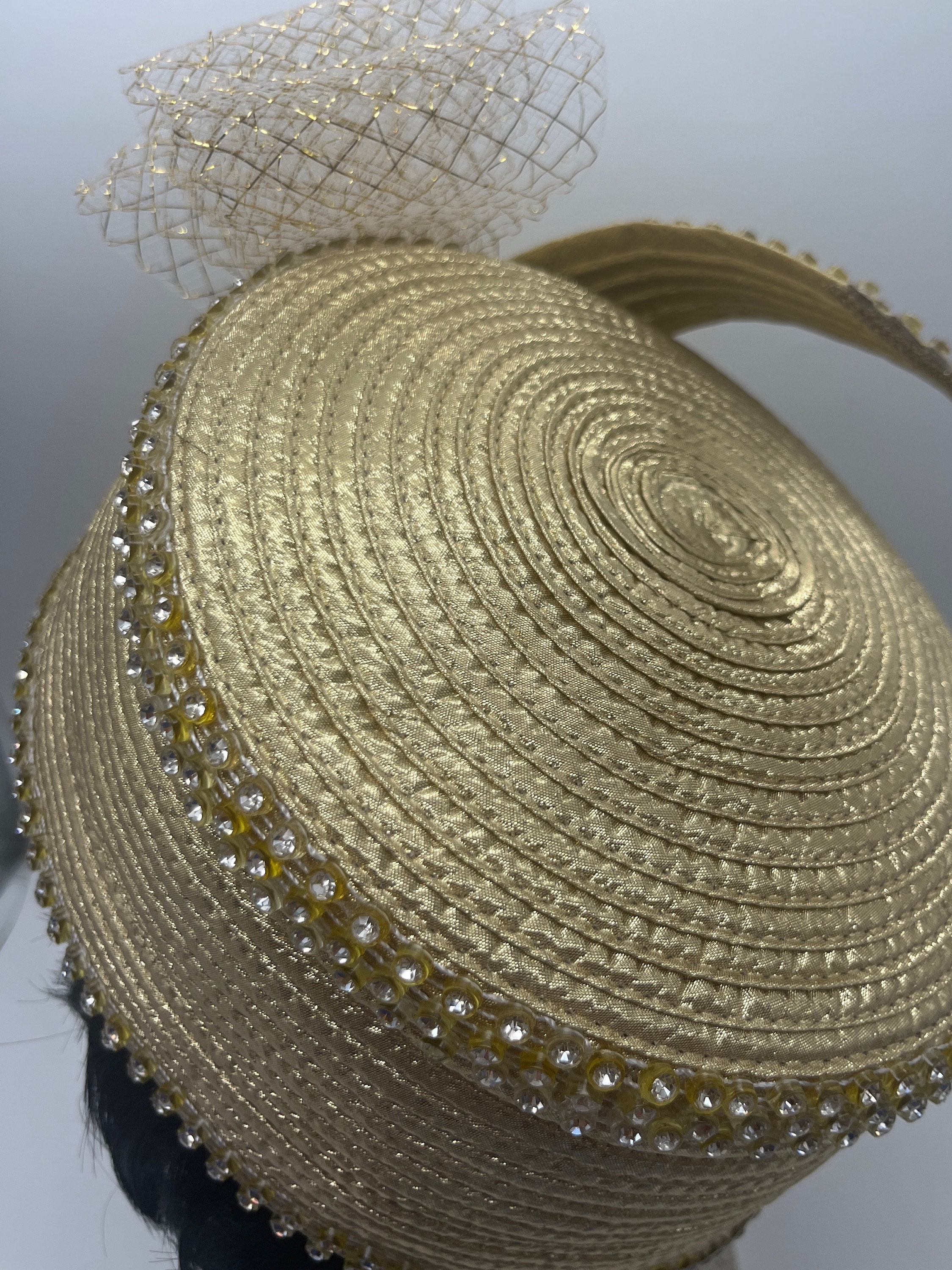 Gold Church Hat Metallic Rhinestone Pillbox Crinoline Brooch Birthday ...