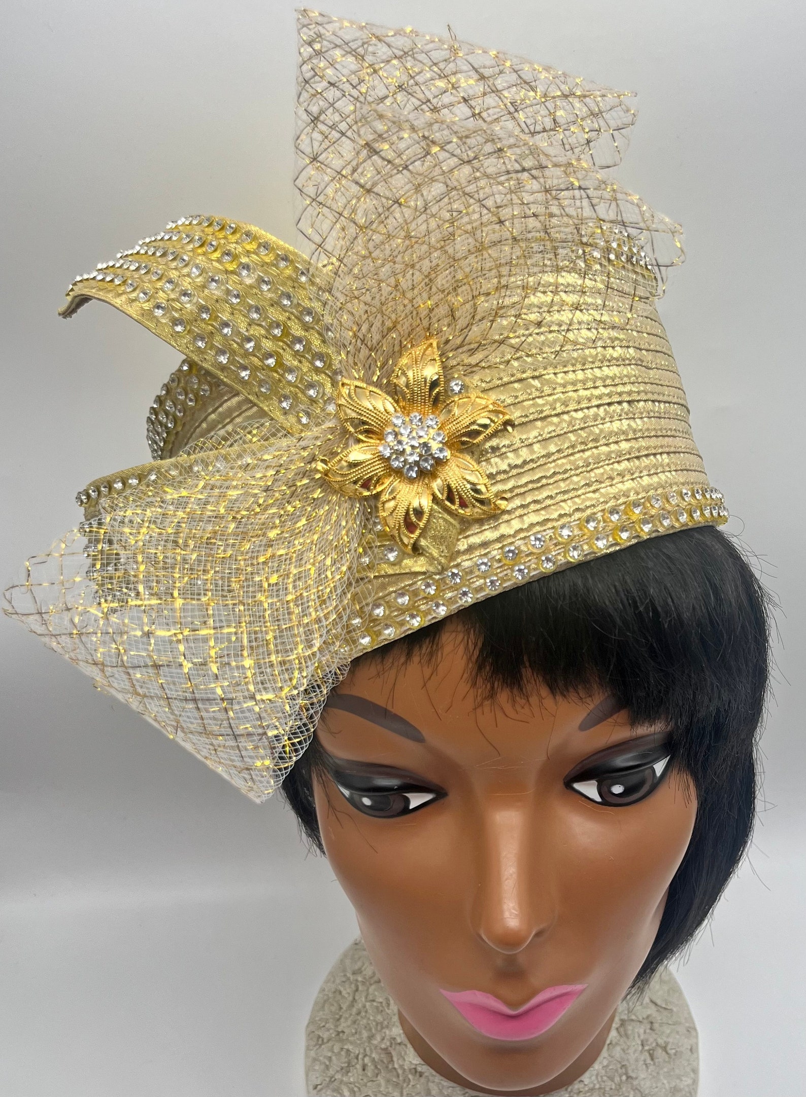 Gold Church Hat Metallic Rhinestone Pillbox Crinoline Brooch Birthday ...