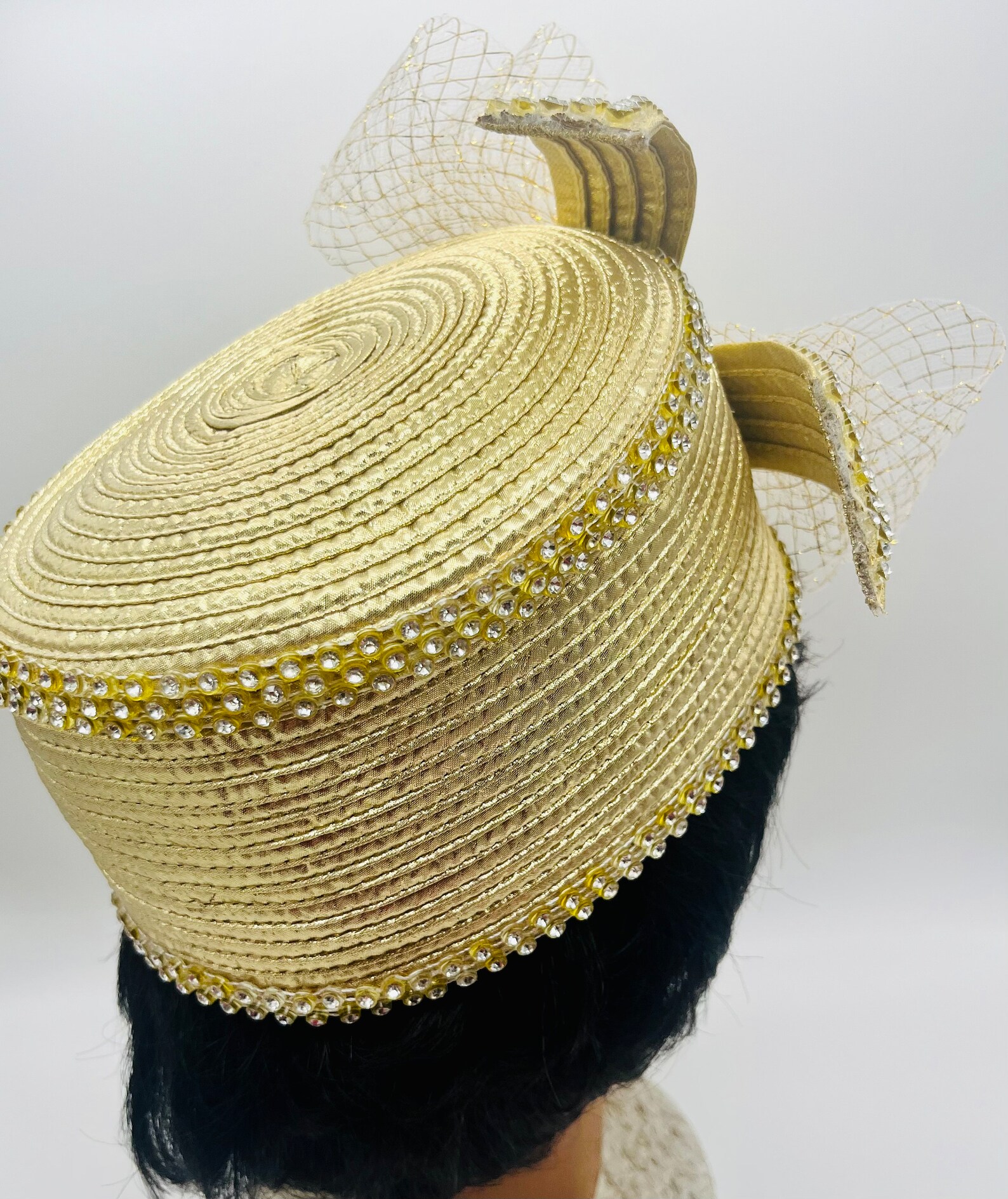 Gold Church Hat Metallic Rhinestone Pillbox Crinoline Brooch Birthday ...