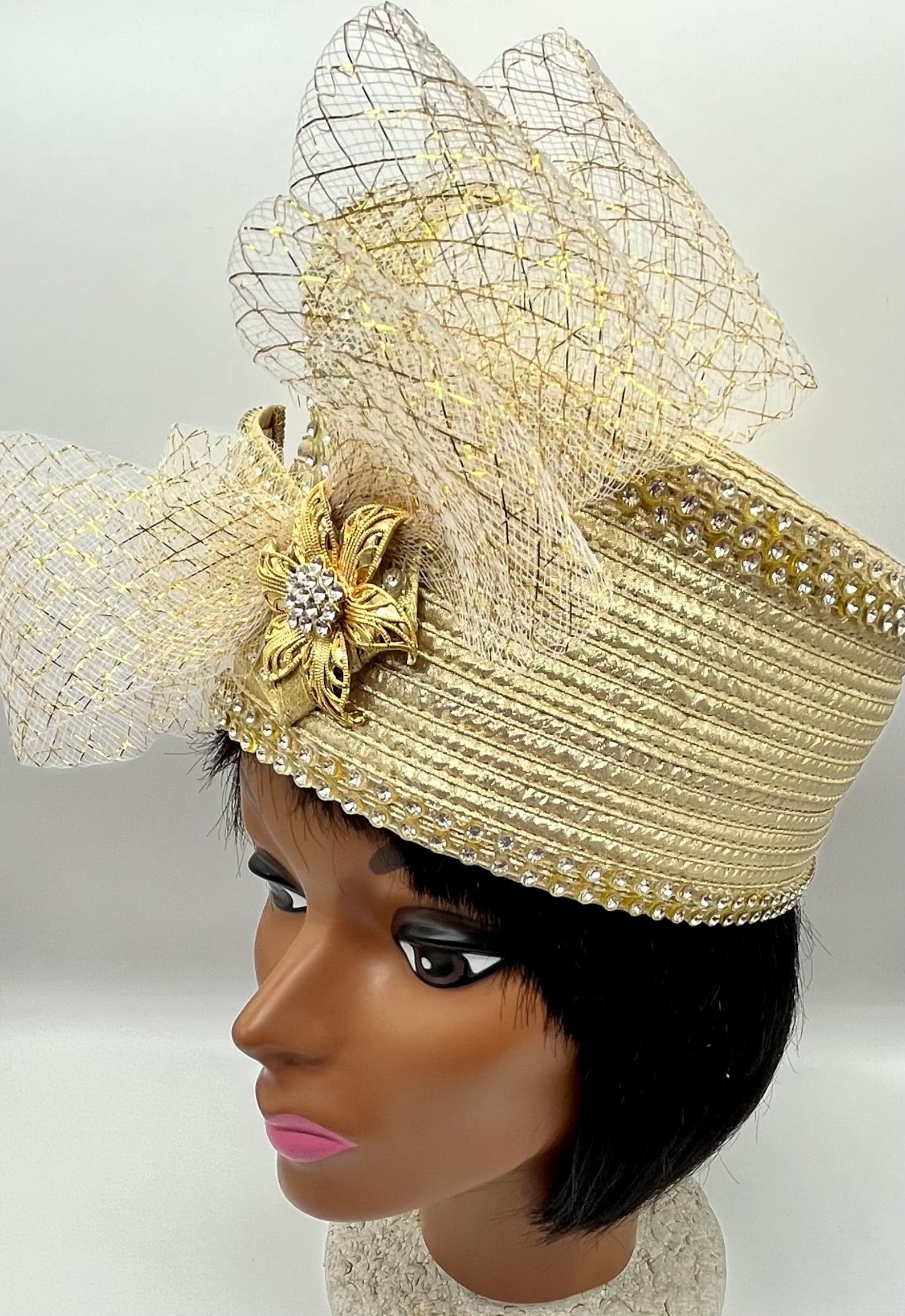 Gold Church Hat Metallic Rhinestone Pillbox Crinoline Brooch Birthday ...