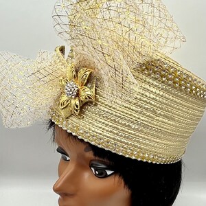 Gold Church Hat Metallic Rhinestone Pillbox Crinoline Brooch Birthday ...