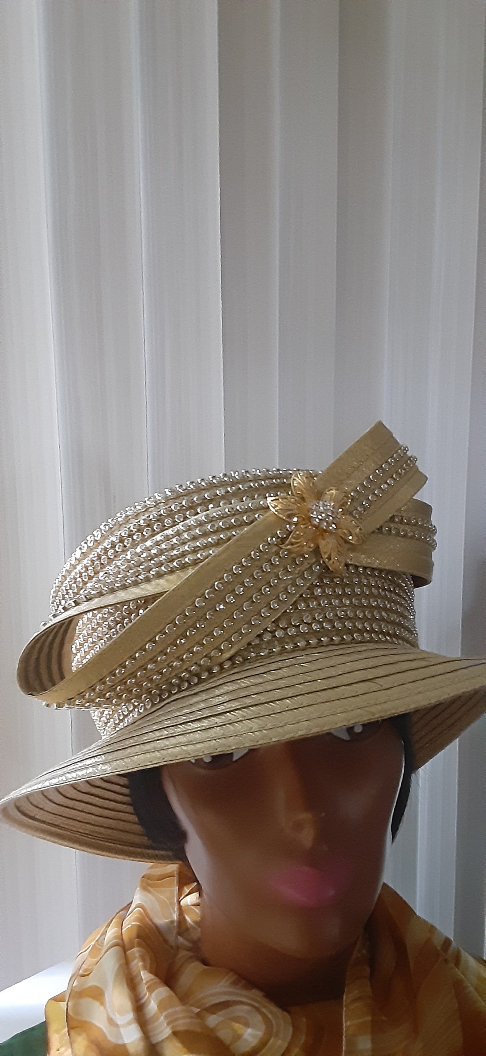 Gold Church Hat Metallic Rhinestone Year Round Gold Brooch Moms Day ...