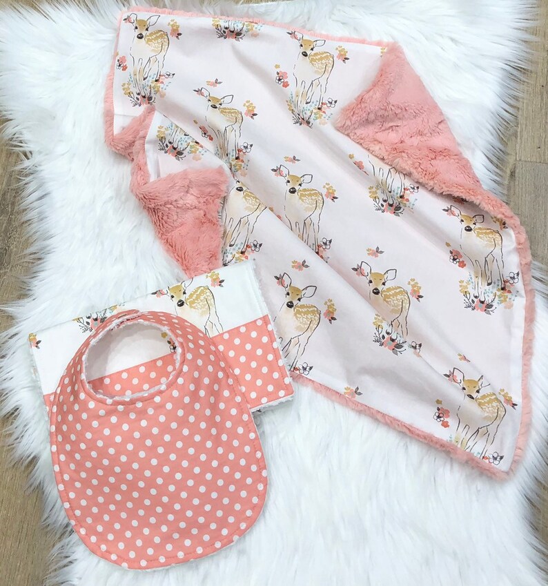 Deer Floral Lovey Blanket Bib and Burp Cloth Girl Gift Set | Etsy