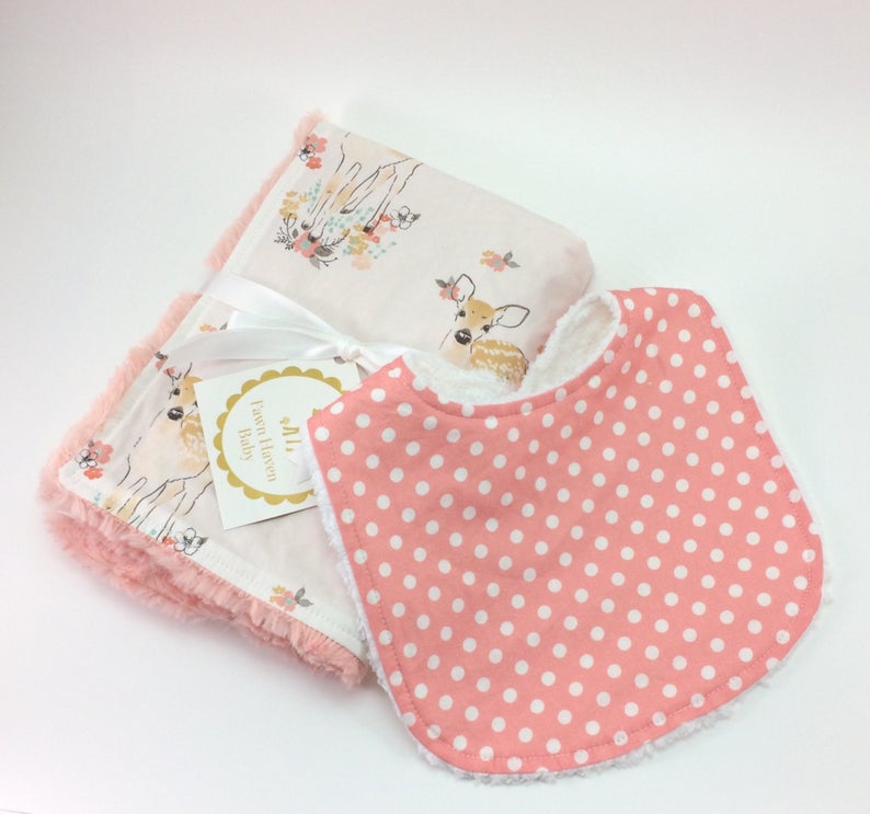 Deer Floral Lovey Blanket Bib and Burp Cloth Girl Gift Set | Etsy