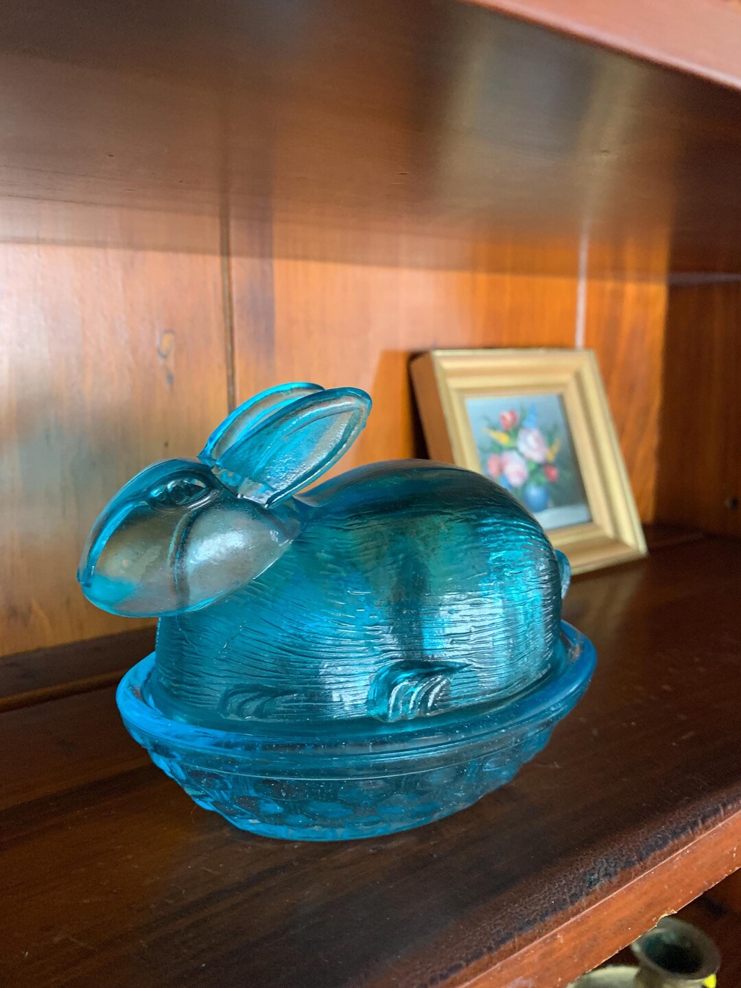 Vintage Blue Glass Bunny in a Nest Trinket Dish - Etsy