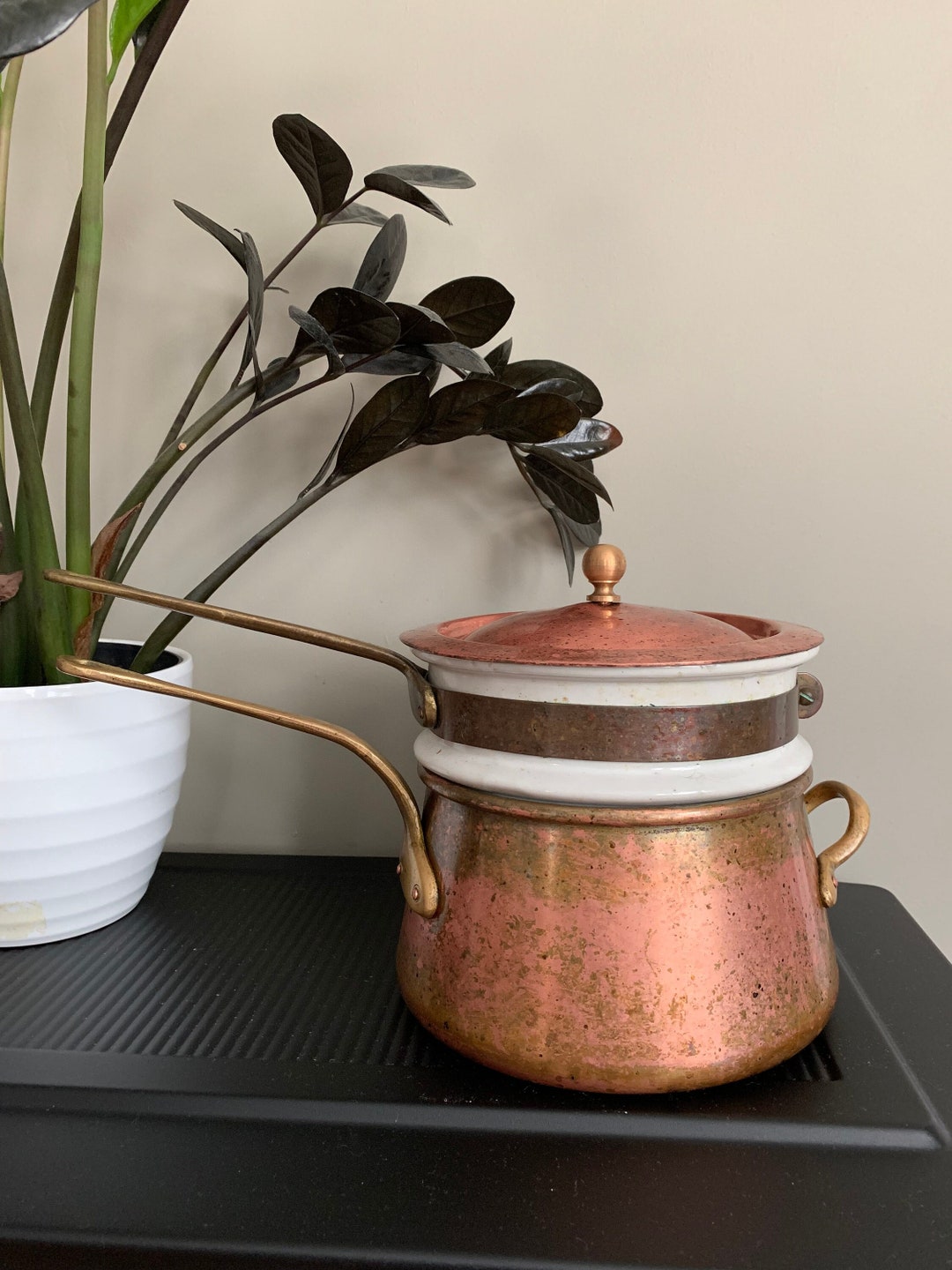 1960’s Copper and Porcelain Double Boiler Farmhouse Cottagecore Rustic ...