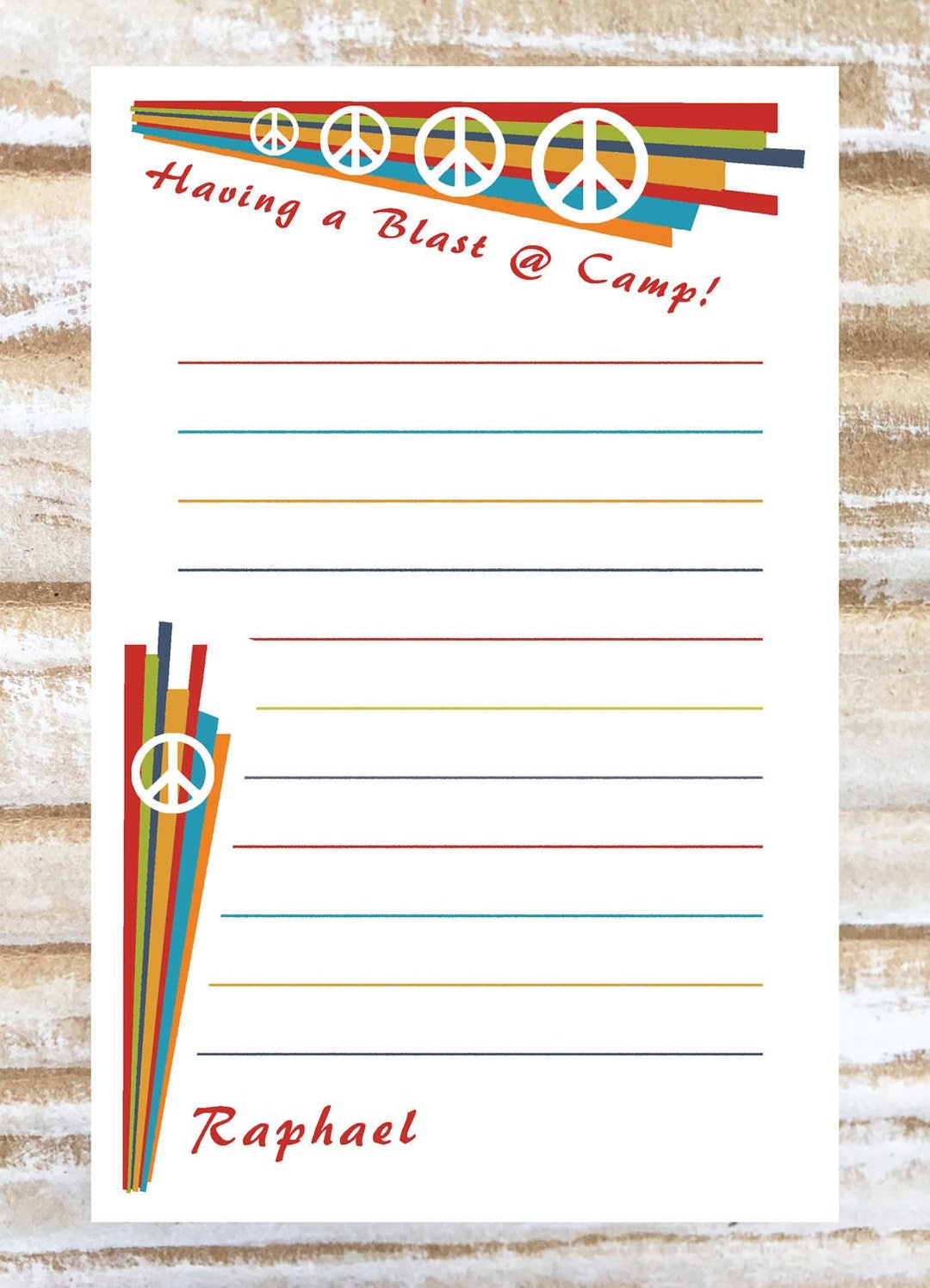 Personalize Camp Stationery. Rainbow Peace Bunk Notes. "having a Blast ...