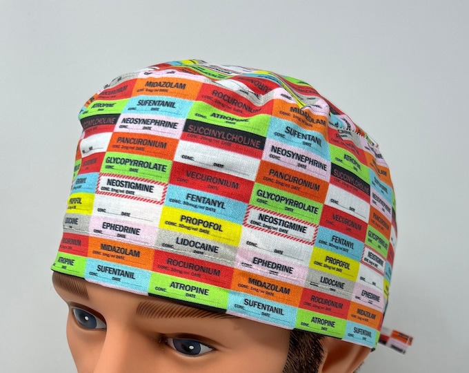Anesthesia Medication Labels Men's Scrub Cap, Men's Scrub Hat, Skull ...