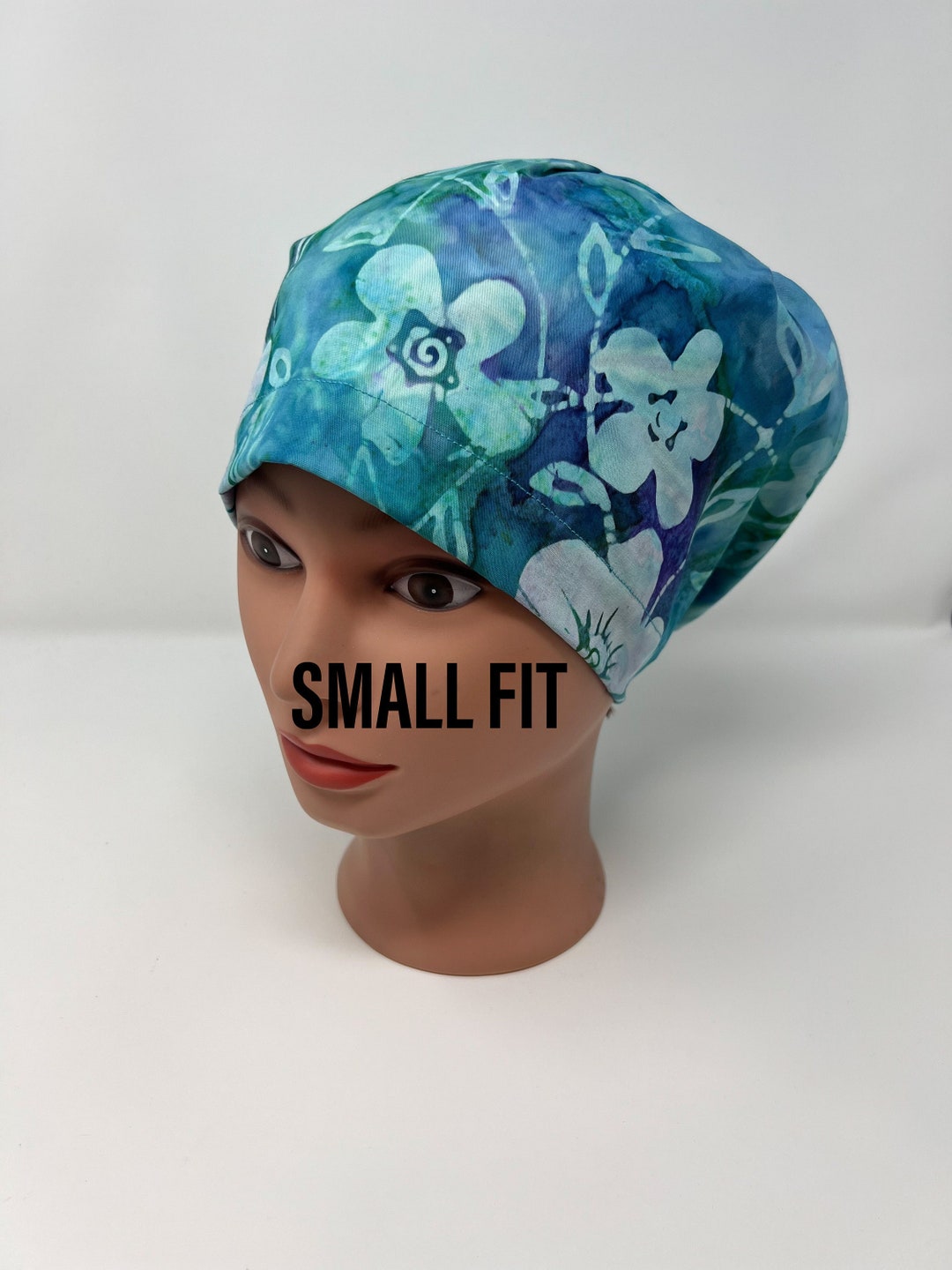Teal and Purple Floral Batik Scrub Cap, SMALL/CLOSE Fit, Euro Scrub Cap ...