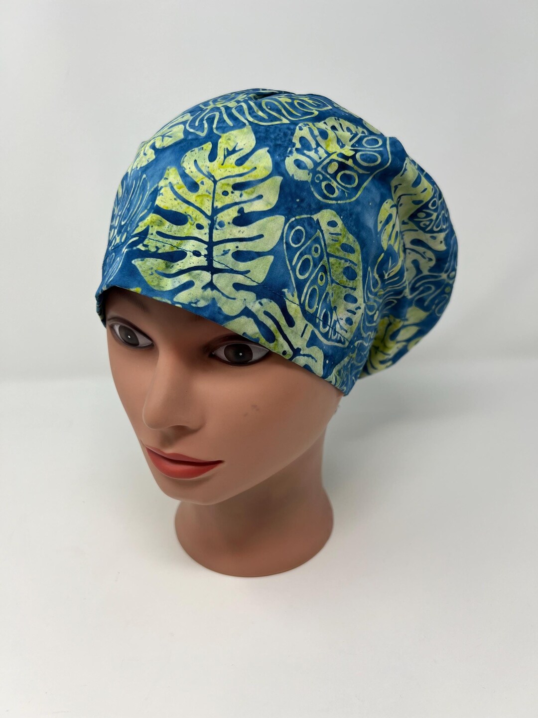 Monstera Leaves Batik Scrub Cap, Euro Scrub Cap, Chemo Cap, Vet ...