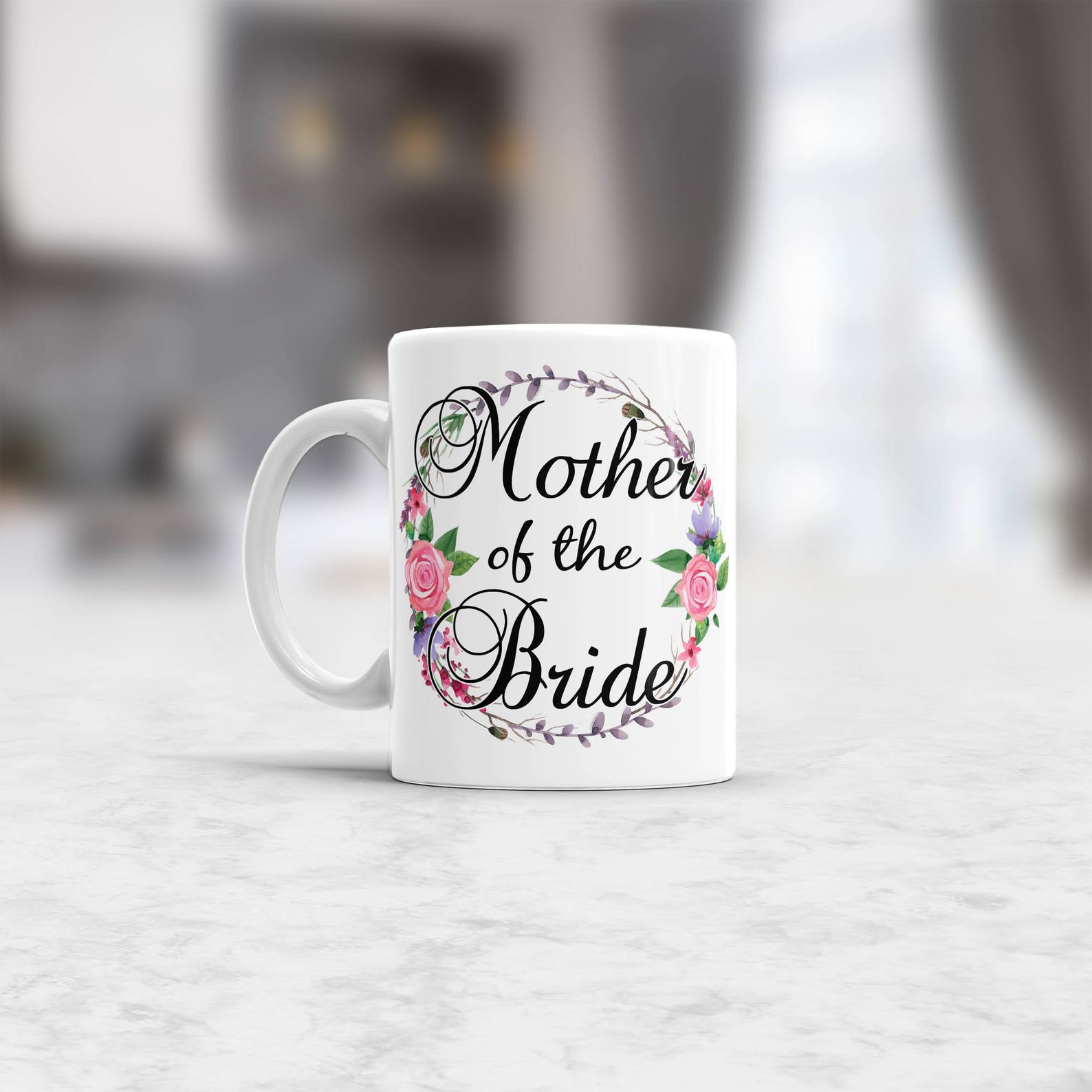 Mother of the Bride Mug, Wreath With Pink and Purple Flowers, Wedding ...