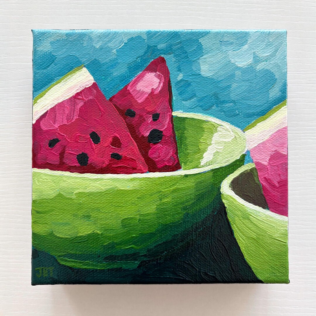 Original Watermelon Painting: 6"x6" Mini Fruit Still Life, Preppy ...