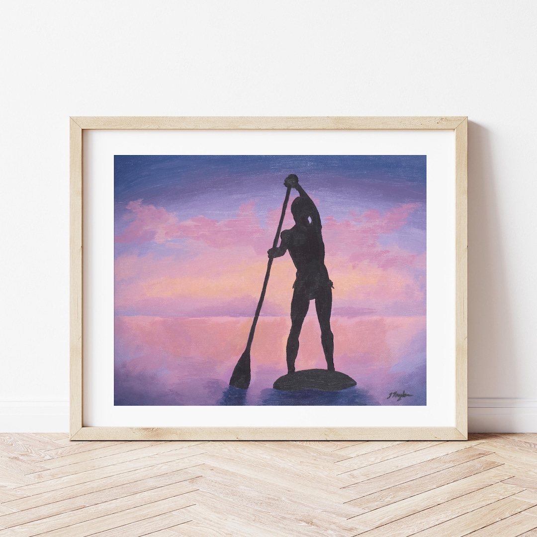 SUP Art Print, Stand up Paddle Boarder at Sunset, Acrylic Painting ...
