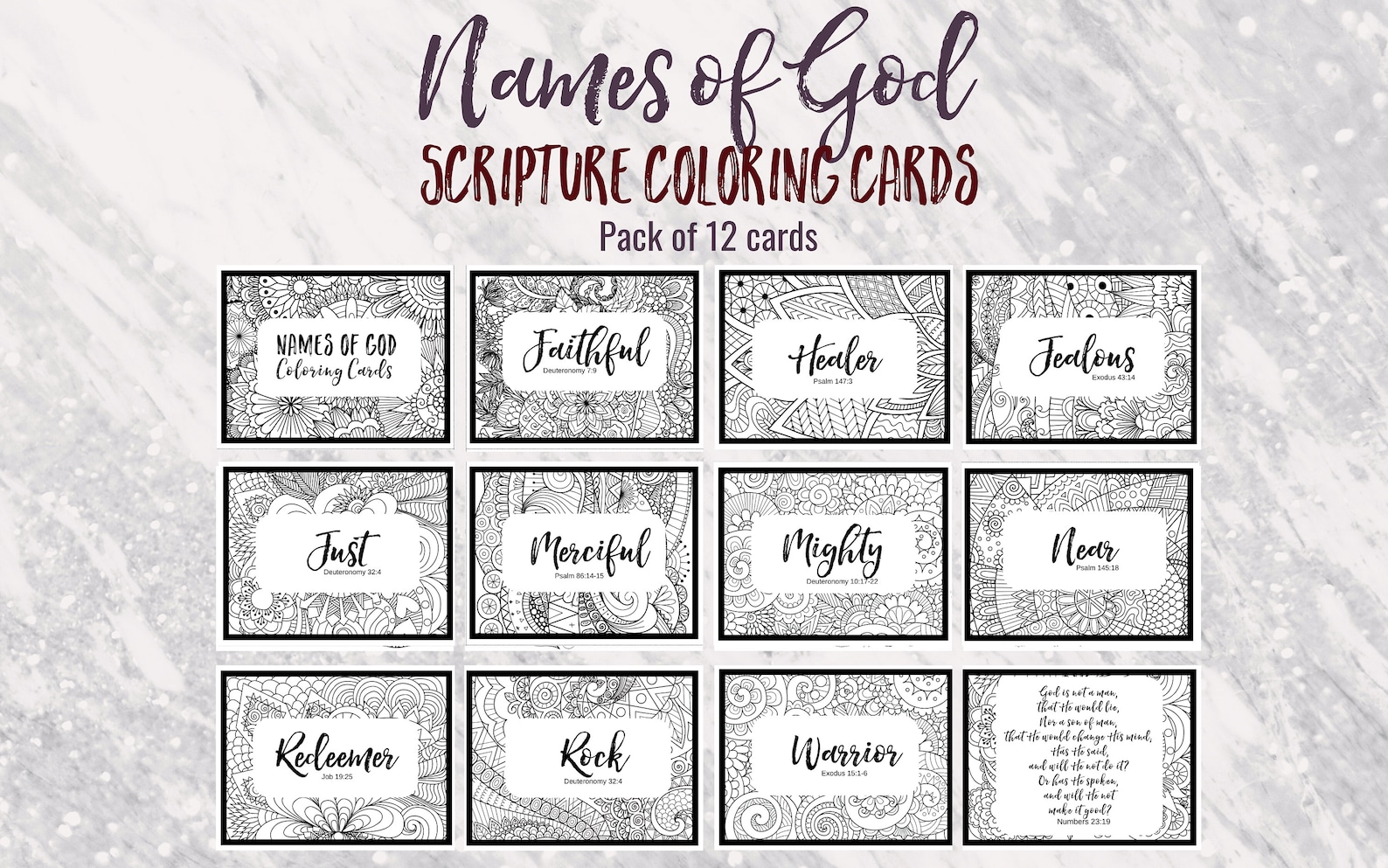 Names of God Scripture Coloring Cards: Inspirational Christian Art (set ...