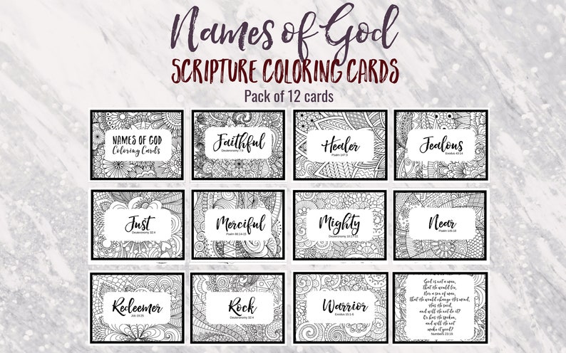 Names of God Scripture Coloring Cards | Set of 12 | Inspirational Art ...