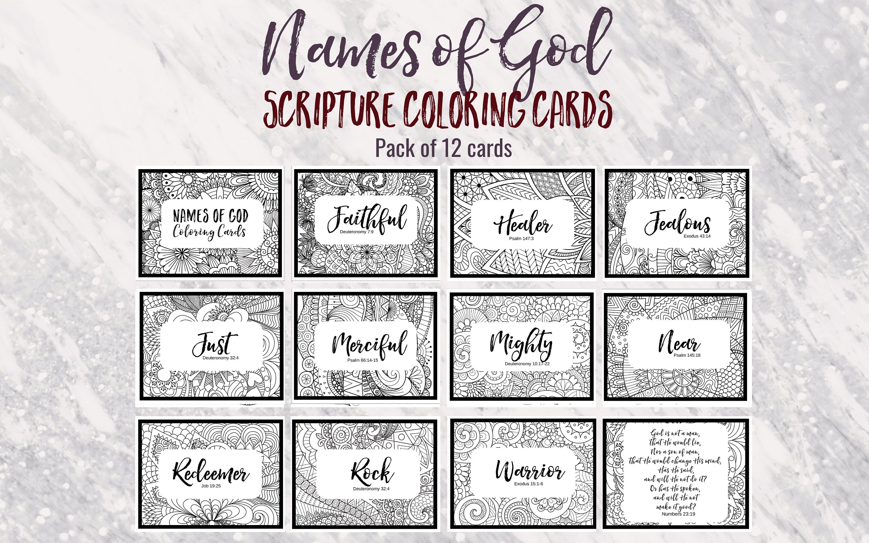 Names of God Scripture Coloring Cards | Set of 12 | Inspirational Art ...