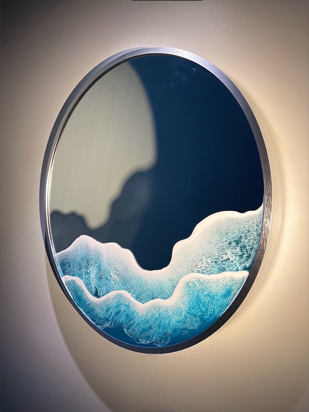 Round Ocean Wall Mirror Epoxy Resin Ocean Art Silver Metal Mirror ...