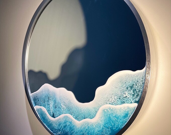 Round Ocean Wall Mirror | Epoxy Resin Ocean Art | Silver Metal Mirror ...