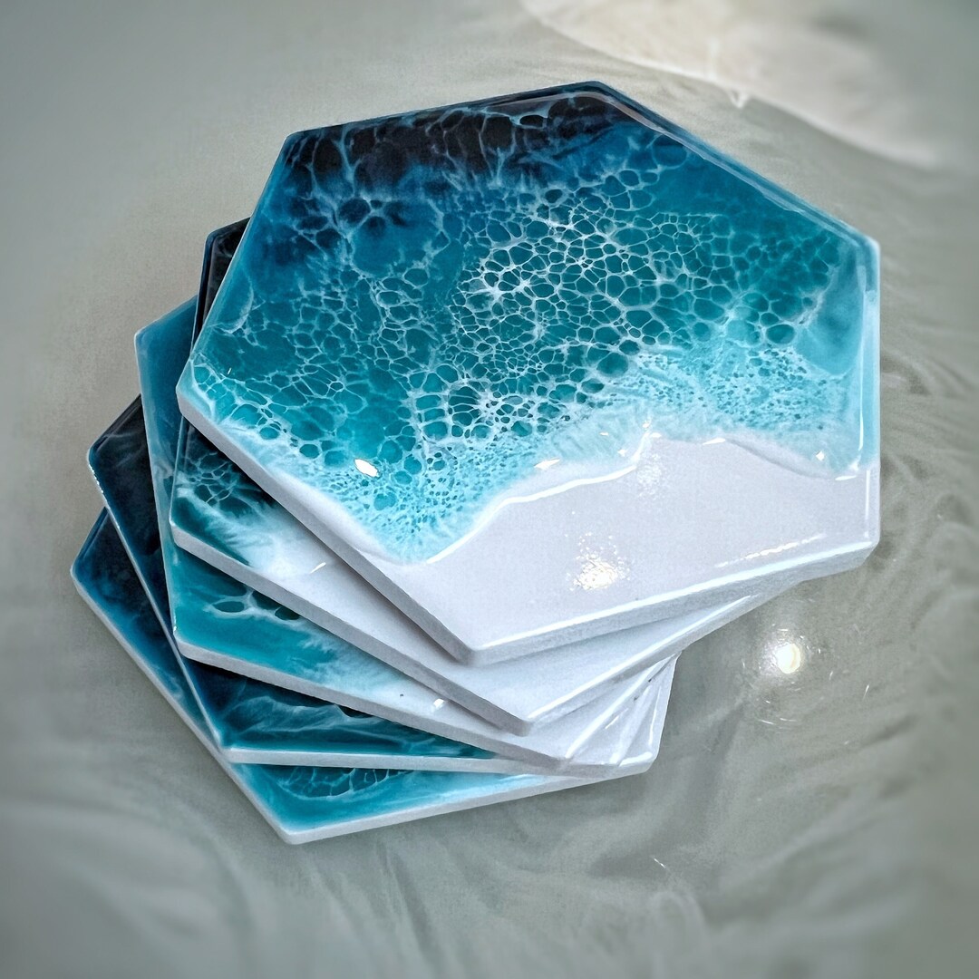 Set of Hexagon Ceramic Resin Ocean Coasters Deep Sea Wave Coasters ...