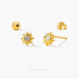 Sun Stud, Butterfly End or Screw Ball End Earring, Minimalist Style, A ...