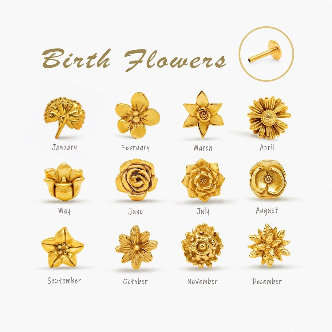 Tiny Birth Month Flower Threadless Flat Back Earring, 20,18,16ga, 5 ...