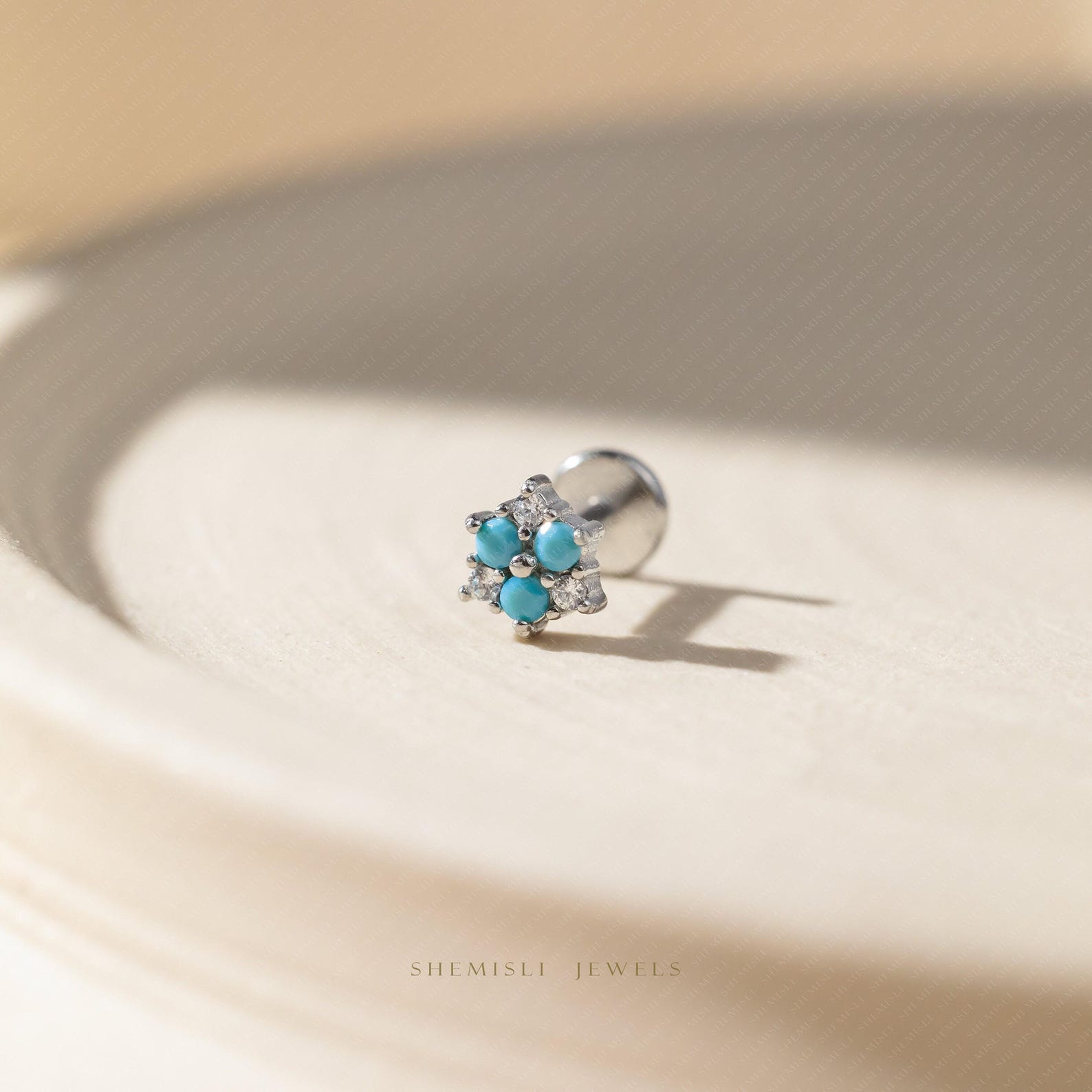 Turquoise Flower Nose Stud, Threadless Flat Back, Minimalist Style, A ...
