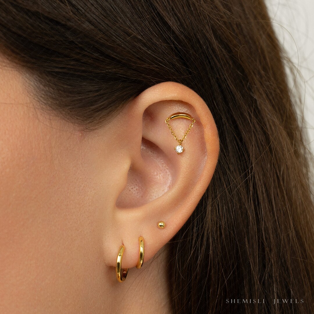 Tiny Dangle Chain Gem Threadless Flat Back Earring, 20,18,16ga, 5-10mm ...